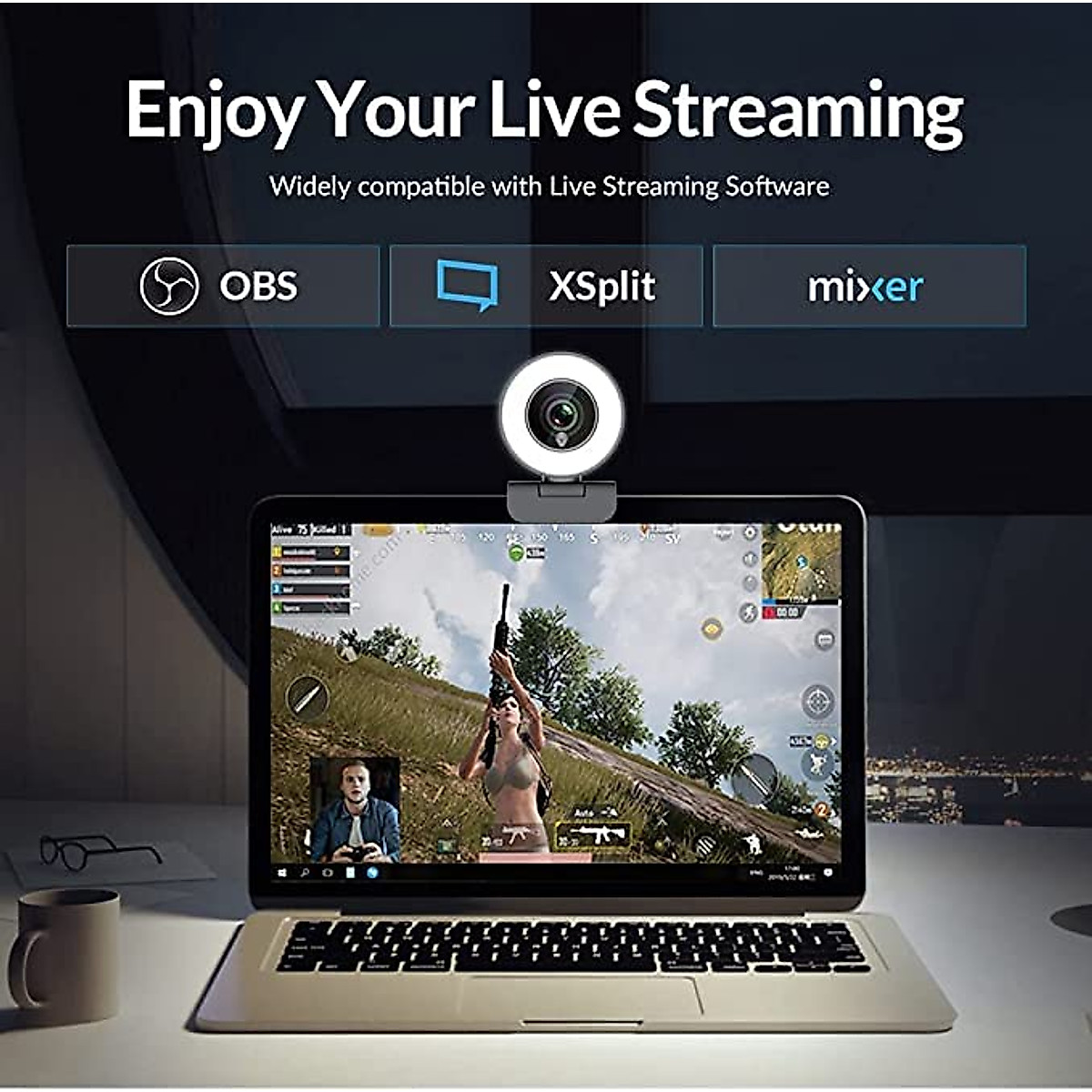 Angetube Streaming 1080P HD Webcam Built in Adjustable Ring Light and Mic. Advanced autofocus AF Web Camera for Google Meet Xbox Gamer Facebook YouTube Streamer