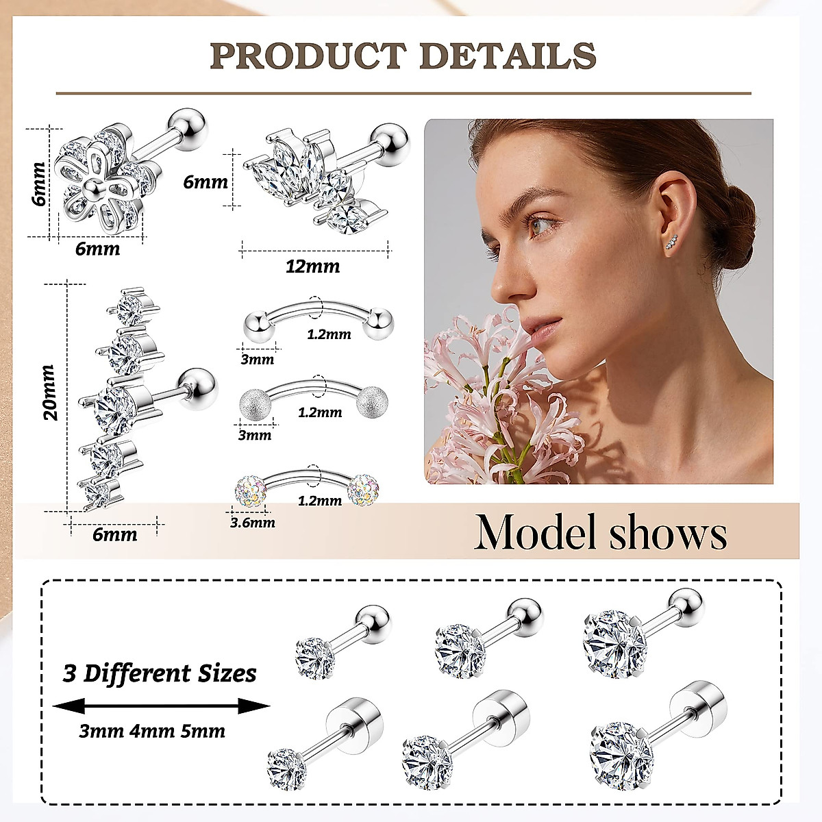 JeryWe 27Pcs 16G Cartilage Earrings Stud Hoop for Women Men Stainless Steel Helix Piercing Tragus Earrings Forward Conch Piercing Jewelry