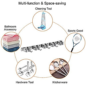 Mop and Broom Holder Wall Mount, Broom Hanger Wall Mount , 17" Mop Holder Stainless Steel with 5 Rack 4 Hooks for Home, Kitchen, Laundry Room, Garage, Garden, Bathroom, and 1 hook Separated included