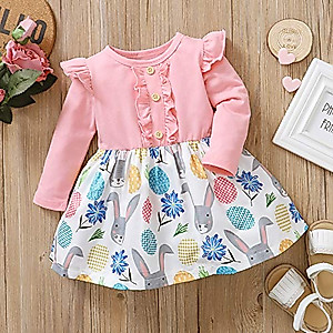 Goodplayer Toddler Baby Girl Easter Outfits Ruffle Long Sleeve Top Bunny Egg Print Skirt One-Piece Girl Dress Clothes (Pink, 3-4 Years)