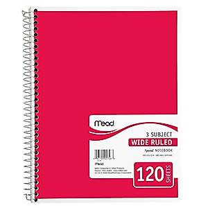 Mead Spiral Notebook, 3 Subject, Wide Ruled Paper, 120 Sheets, 10-1/2 x 7-1/2 inches, Color Selected For You (05746)