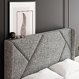 iPormis Queen Size Platform Bed Frame with Headboard, Upholstered Bed Frame with Solid Wood Slats, 8" Storage Space, No Box Spring Needed, Easy Assembly, Light Grey