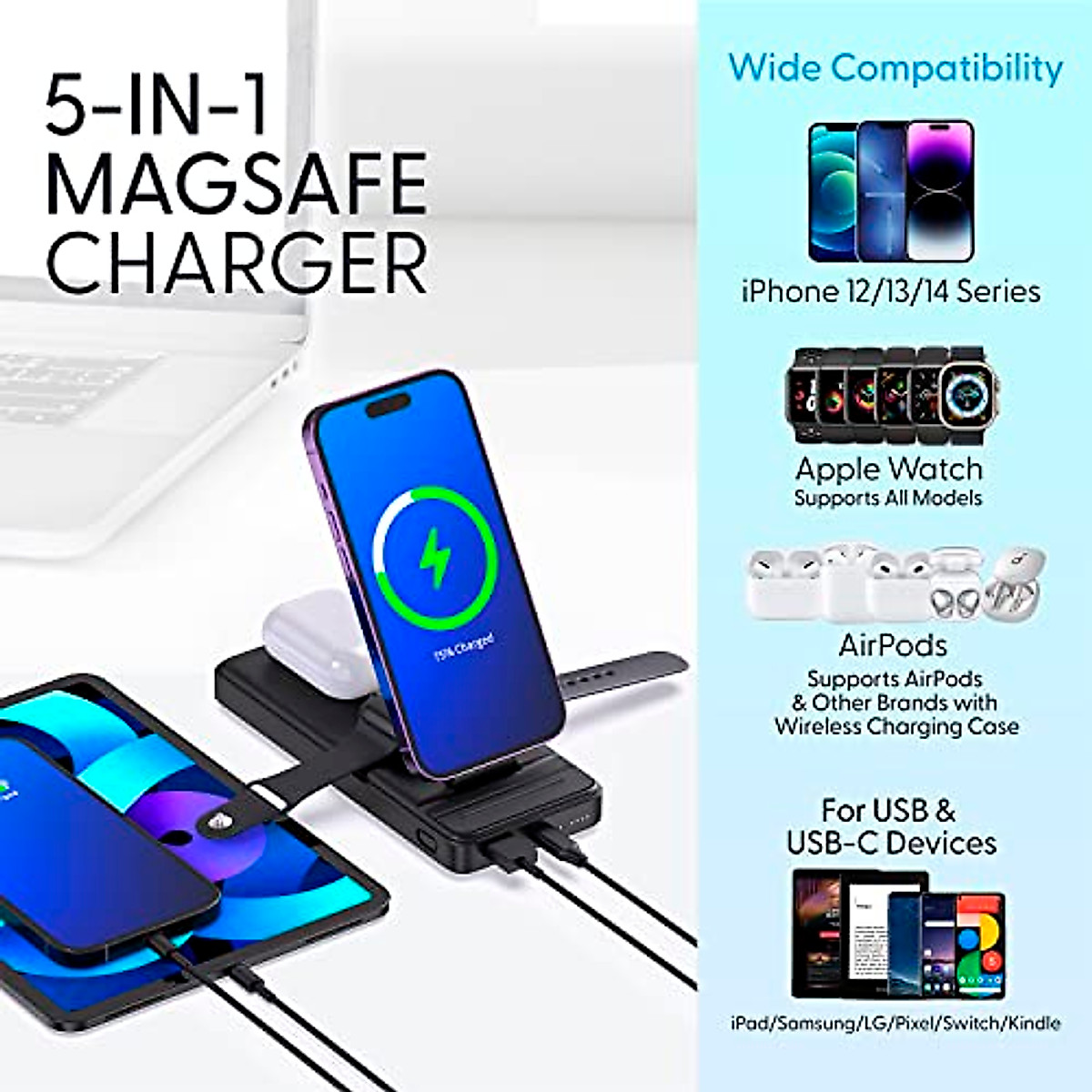 BELLBOY 5-in-1 Wireless Foldable MagSafe Charging Station and Power Bank for iPhone 12, 13, 14, Apple Watch and AirPods, Charger Power Bank - Portable Battery, MagSafe Charger, 10,000mAh – Black