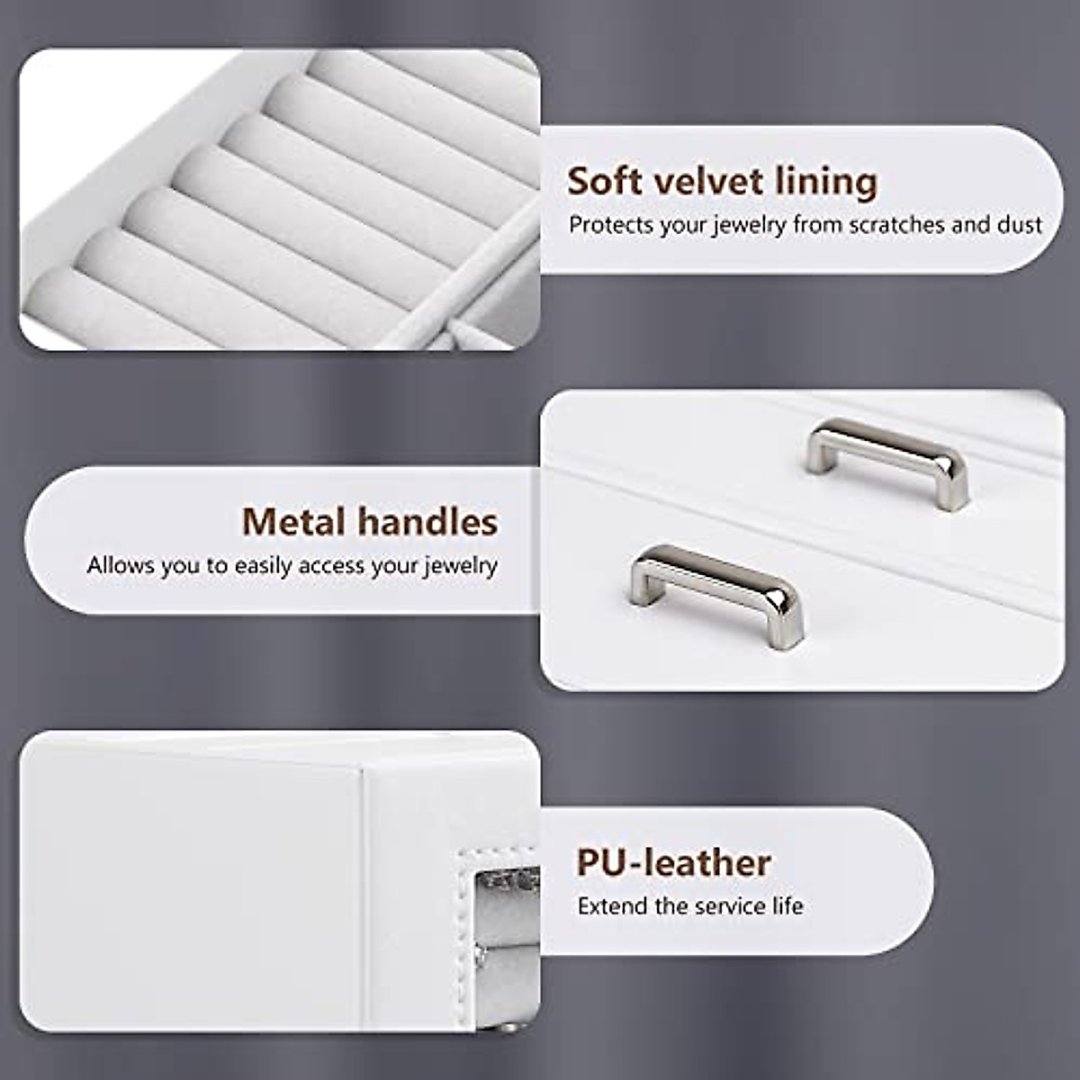 Homde Large Jewelry Box/Organizer/Case with Glass Window, Drawers for Necklaces Earrings Rings Bracelets Watches Gift for Women Girls (White+Grey)