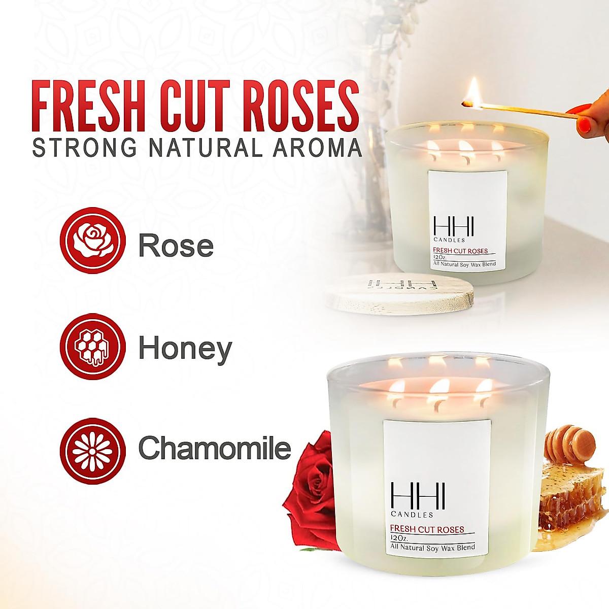 HHI Rose Scented All-Natural Soy Candle | Fresh Cut Roses | Large 12 Ounce 3 Wick | Long Burn time | Includes Bamboo Lid and Gift Box