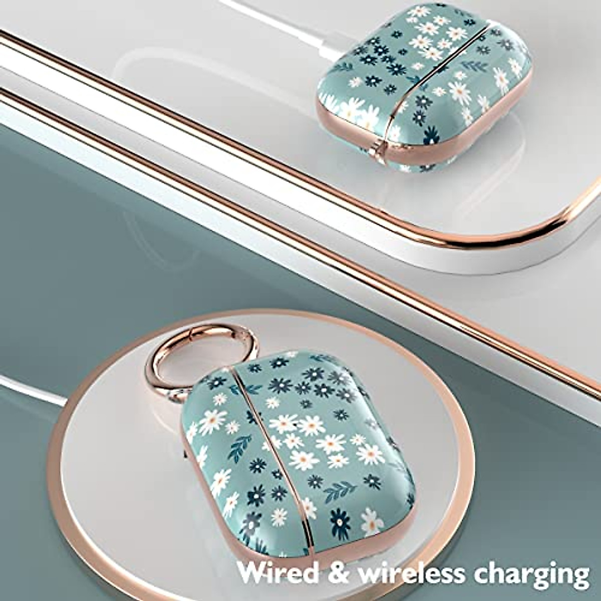 TATOFY Case Cover for AirPods Pro 2019,Stylish AirPods Pro Case for Women Girls, Flower Patterns Protective Hard Case with Clip (Cyan)