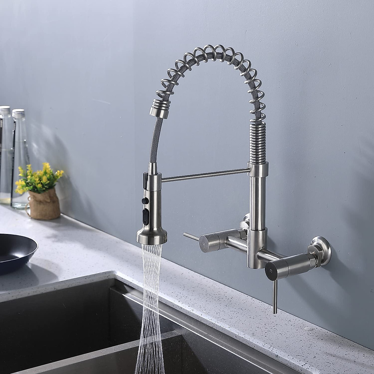 Fonveth Wall Mount Kitchen Faucet, 8 Inch Center Wall Mount Kitchen Sink Faucet with Pull Down Sprayer, Wall Mount Faucet with SprayerCommercial Wall Mount Faucet, Brushed Nickel