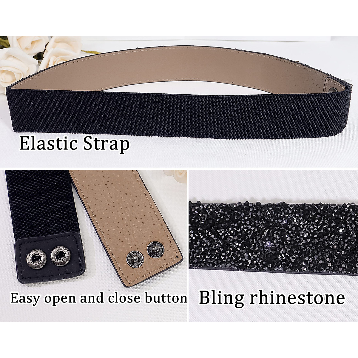 Lovful Stretchy Rhinestone Belt for Women,Elastic Crystal Dress Belt,Sparkle Bling Waist Belt,Black