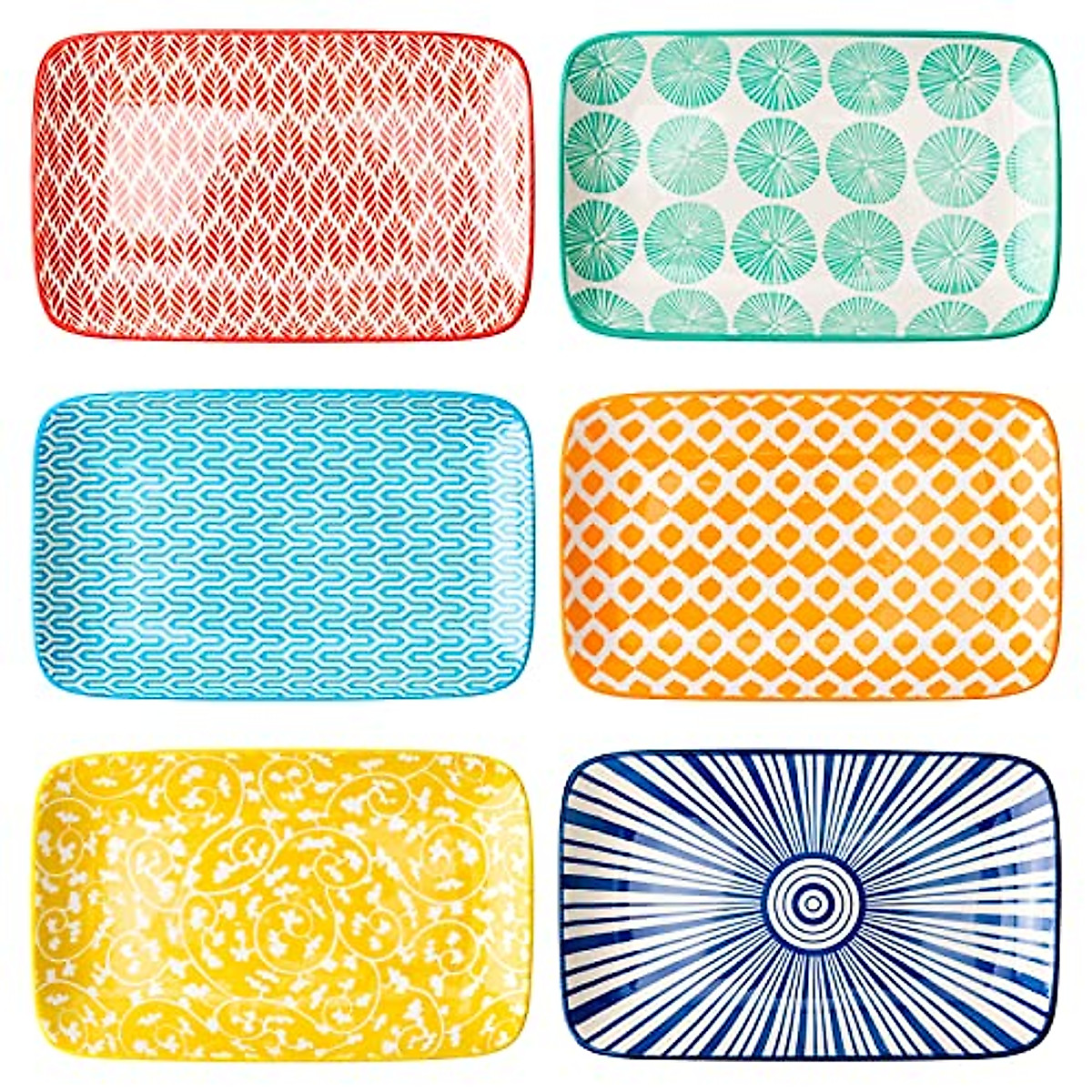 KitchenTour Rectangular Serving Platter, 8 inch Ceramic Dinner Plates Serving Trays Set of 6 for Salad, Appetizers, Sushi, Fruit, Microwave and Dishwasher Safe