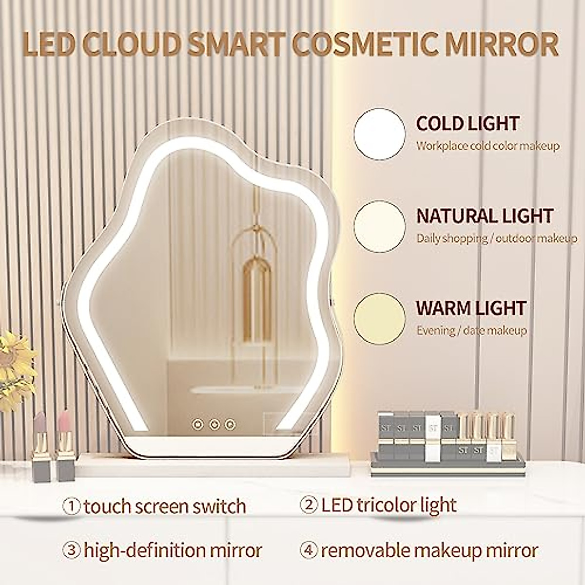 Vanity Desk, Vanity Table Made of Solid Wood, Features Modern Sintered Marble Top, Rotatable/Removable Touch Screen HD Mirror(3-Brigntness), Vanity Set with Chair (47.2IN/120CM)