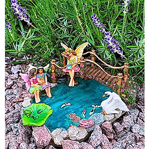 Mood Lab Fairy Garden Fish Pond Kit - Miniature Bridge Set of 6 pcs Fairy Garden Figurines & Accessories - Outdoor or House Decor