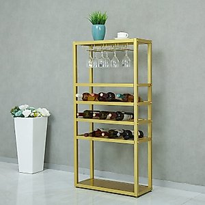 18 Bottles Metal Wine Rack 6-Tier Free Standing Wine Holder with Glass Holder, Heavy Duty Wine Bottle Organizer with Storage Shelf, Display Stand Rack with Wheels, Gold, 23.6''L x 9.8''W x 47.2''H