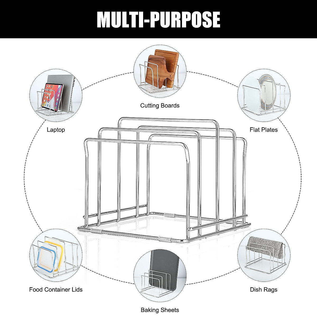 Joy Aid Cutting Board Organizer - Kitchen Organizer for Pans, Baking/Cookie Sheets, Cooling Racks and Serving Trays, 4 Slots of 2 Widths