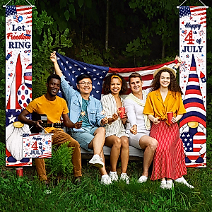 4th of July Gnomes Porch Sign Banner,4th of July Decorations Patriotic Gnome Door Hanging Banner Supplies for Independence Day Memorial Day Party Decorations