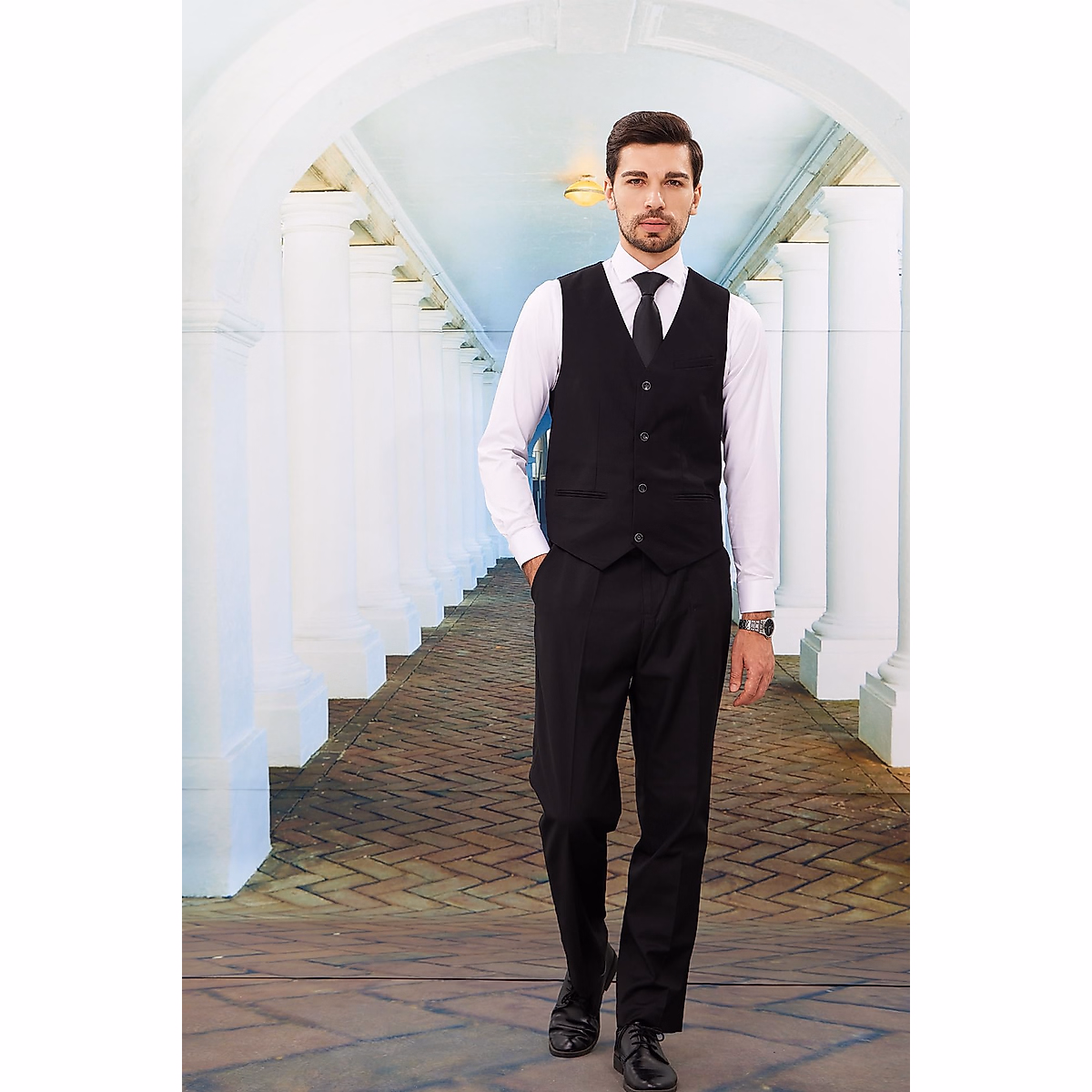 MAGE MALE Mens Suits Slim Fit 3 Piece Tuxedo Suit One Button Solid Prom Wedding Party Blazer Vest Pants Set with Tie Black