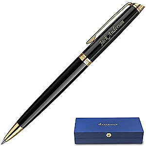 Dayspring Pens Personalized Waterman Pen | Engraved Waterman Hemisphere Lacquer Black with Gold Trim Ballpoint Pen. Luxury Gift Pen. Custom Engraved