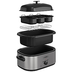 Sunvivi Electric Roaster Oven, 24 QT Roaster with Removable 3-bin Buffet Server, Turkey Roaster Oven with 150-450°F Full-Range Temperature Control, Removable Pan & Rack, Stainless Steel, Silver