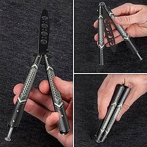 GOOD WORKER Butterfly Knife Trainer - Practice Balisong Butterfly Knives NOT Real NOT Sharp Blade - Black Dull Trick Butterfly - Butter Fly Training K14B