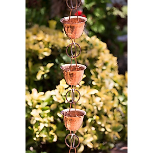 Monarch Rain Chains 26558 Pure Copper Hammered Cup Rain Chain Replacement Downspout for Gutters, 8-1/2 Feet Length