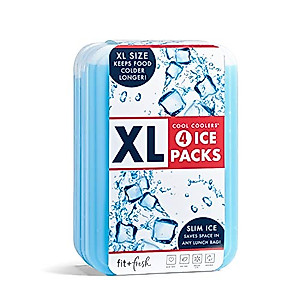 Fit & Fresh XL Cool Coolers Freezer Slim Ice Pack for Lunch Box, Set of 4, Xtra Large, Blue, 4 count (Pack of 1)