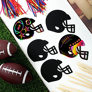 Syhood 64 Pcs Football Scratch Paper Crafts Kit Football Helmet Scratch Cards Ornaments with Wooden Stylus and Ribbons for Adults Crafts Painting Party Supplies