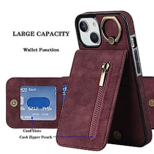 Nunwiza for iPhone 14 Case/iPhone 13 Case Wallet with Card Holder, Leather Protective Case Purse with Ring Holder for Apple iPhone 14 6.1 inch Wine Red