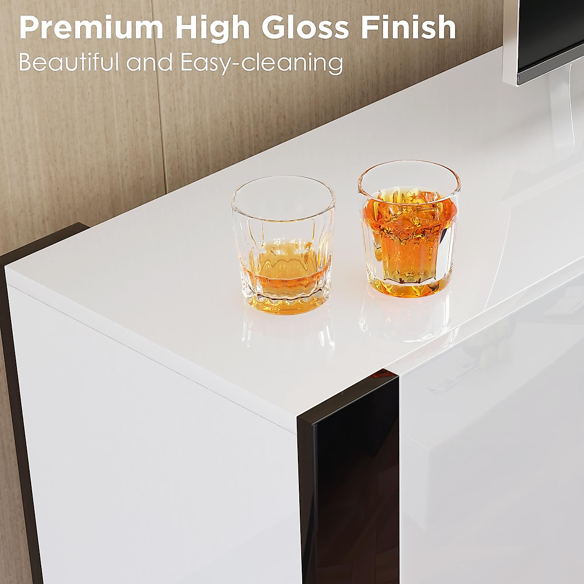 AMERLIFE Fireplace TV Stand with 36" Fireplace, 70" Modern High Gloss Entertainment Center LED Lights, U-Shaped Legs TV Console Cabinet for TVs Up to 80", White