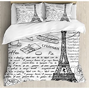 Ambesonne Paris Duvet Cover Set, Traditional Famous Parisian Elements Bonjour Croissan Coffee Eiffel Tower Print, Decorative 3 Piece Bedding Set with 2 Pillow Shams, Queen Size, White Black