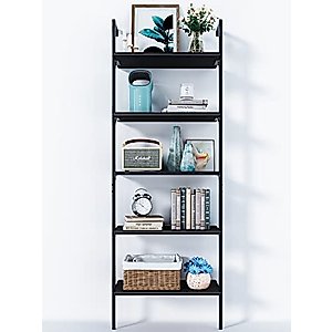 ODK 5-Tier Ladder Shelf, 74 Inches Wall Mounted Ladder Bookshelf with Metal Frame, Open Industrial Shelves for Home Office, Bedroom and Living Room, Black