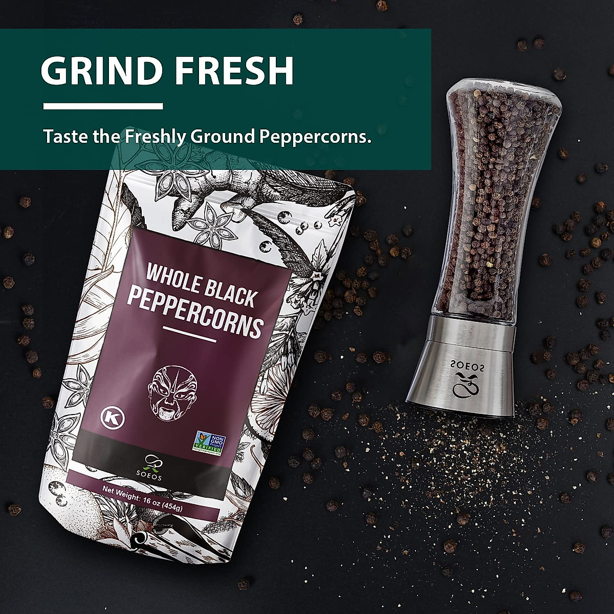 Soeos Black Peppercorns, 16oz (Pack of 1), Non-GMO, Kosher, Packed to Keep Peppers Fresh, Peppercorn for Grinder Refill, Whole Peppercorns
