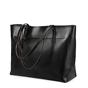 Kattee Vintage Genuine Leather Tote Shoulder Bag for Women Satchel Handbag with Top Handles (Black)