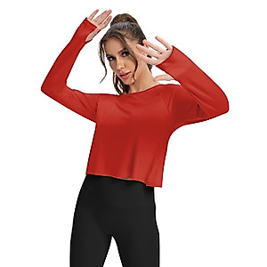 Mippo Womens Long Sleeve Workout Shirts Athletic Shirt Yoga Top Gym Wear Open Back Workout Top Cropped Workout Top Work Out Tshirts Pilates Clothes for Women Red L