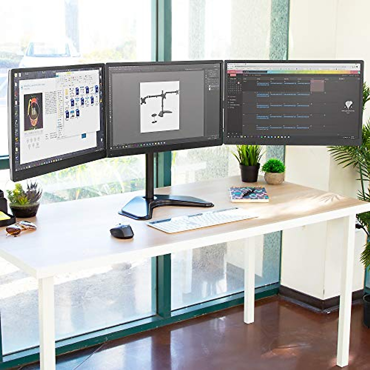 Mount-It! Triple Monitor Stand - Freestanding Computer Desk Mount Fits Up to 27 Inch Monitors, VESA 75, 100 Compatible