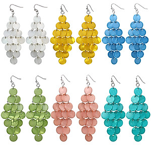 Jules D. Layered Dangling Shell Disc Beads Earring Handmade Multi Colorful Orange Red Blue Drop Chandelier Earring for Women (Blue Green)