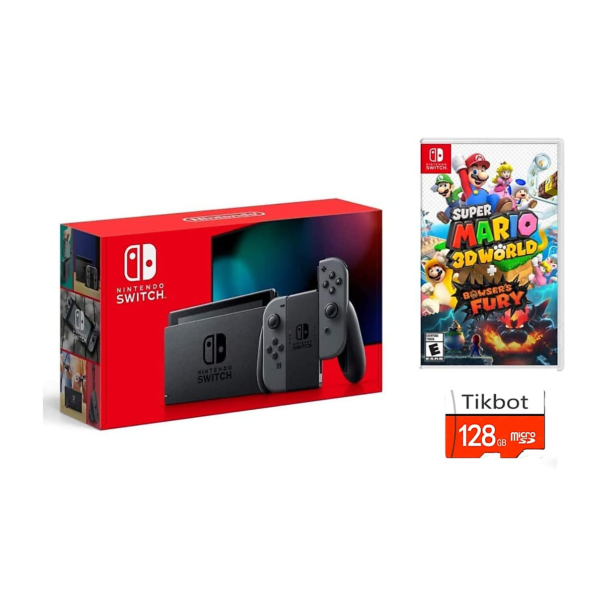 Newest Nintendo Switch Bundle: Gray Joy Con - HAC-001(-01), Super Mario 3D World + Bowser's Fury Game, and Micro SD 128GB