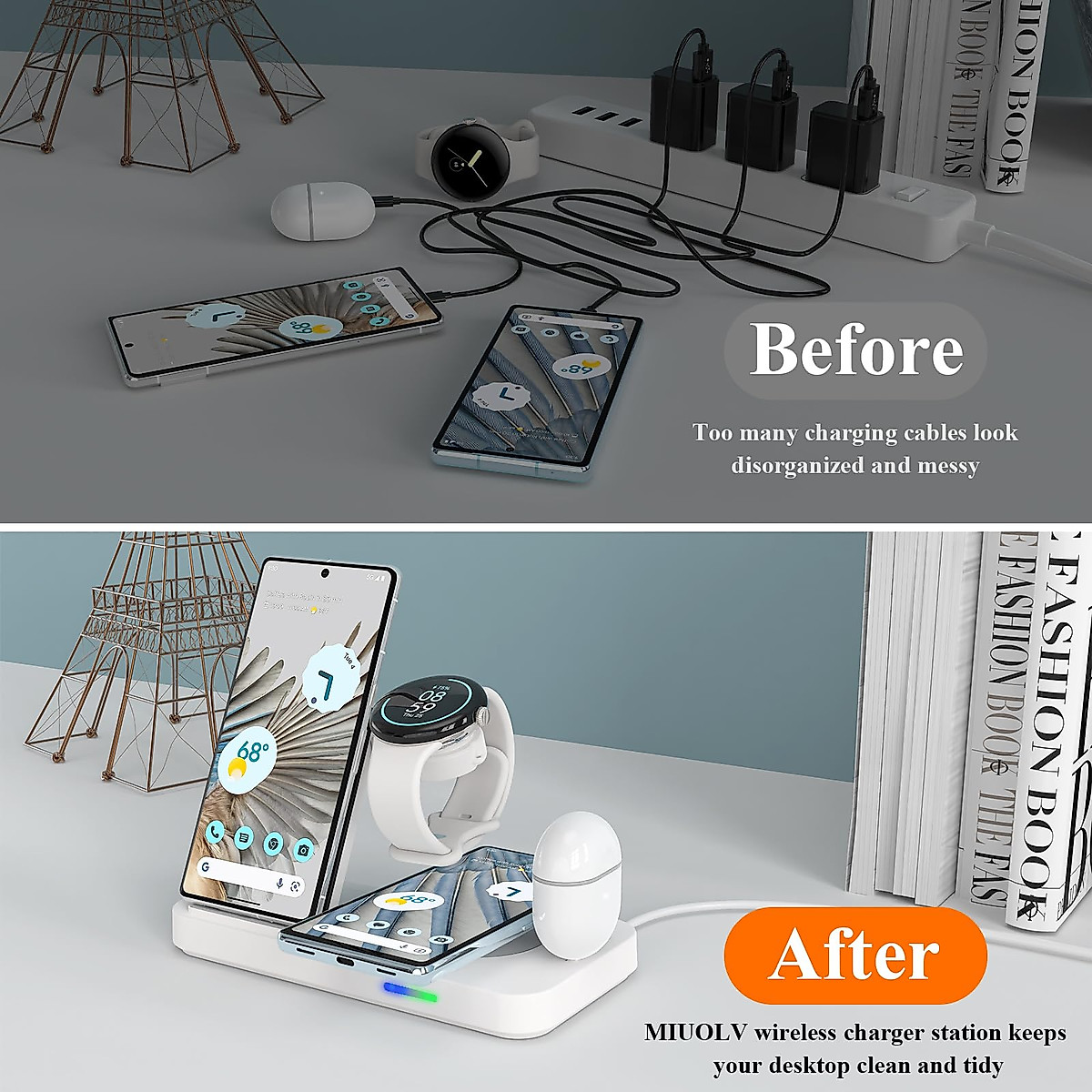 Upgraded 4 in 1 Wireless Charger for Google Pixel Watch 1, Pixel 8 Pro/8/7A/Fold/7/7 Pro/6/6 Pro/5/4/3/XL, Pixel Buds Pro, Foldable Wireless Charging Station for Google Pixel, iPhone, Airpods, Samsung