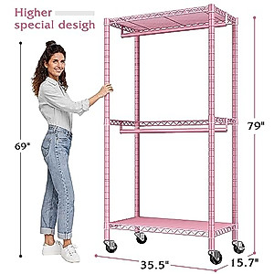Raybee Clothing Rack Heavy Duty Clothes Rack 79" H Clothes Racks for Hanging Clothes Rolling Clothes Rack Adjustable Clothing Rack with Wheels Wire Garment Rack 79" H X35.5 W X15.7 D, Pink