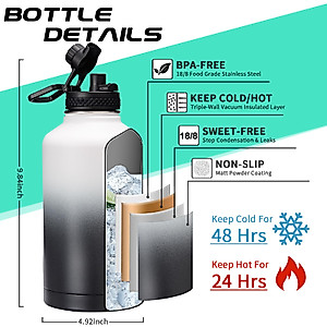 DIGJUPER 64OZ Stainless Steel Water Bottle with Paracord Handle, Straw/Spout Lid, Half Gallon Vacuum Insulated Water Flask Jug, Leak-proof Large Sports Jug for Outdoor Hiking Biking Travel Camping