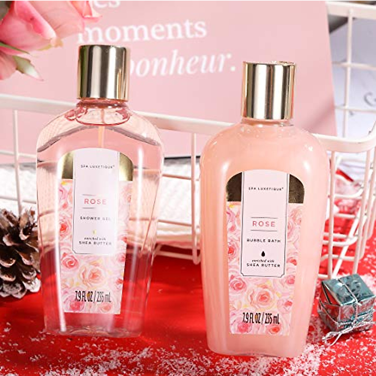 Spa Luxetique Gifts for Women - 10pc Rose Gift Basket, Deluxe Spa Tote Bag Bath Set with Wooden Handle, Bath Salt, Hand Soap, Body Butter, Mothers Day Gift Sets, Mothers Day Gifts for Mom