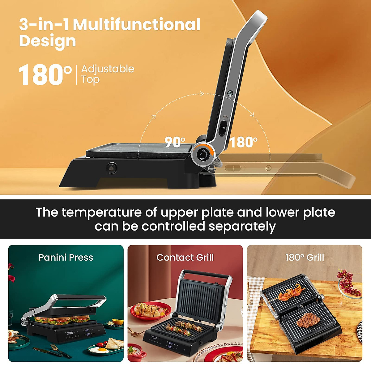 PETSITE Panini Press Sandwich Maker, Electric Grill with 2 Detachable Non-stick Plates, Independent Temperature Control, 4H Timer, 5 Auto Modes & Drip Tray, Black