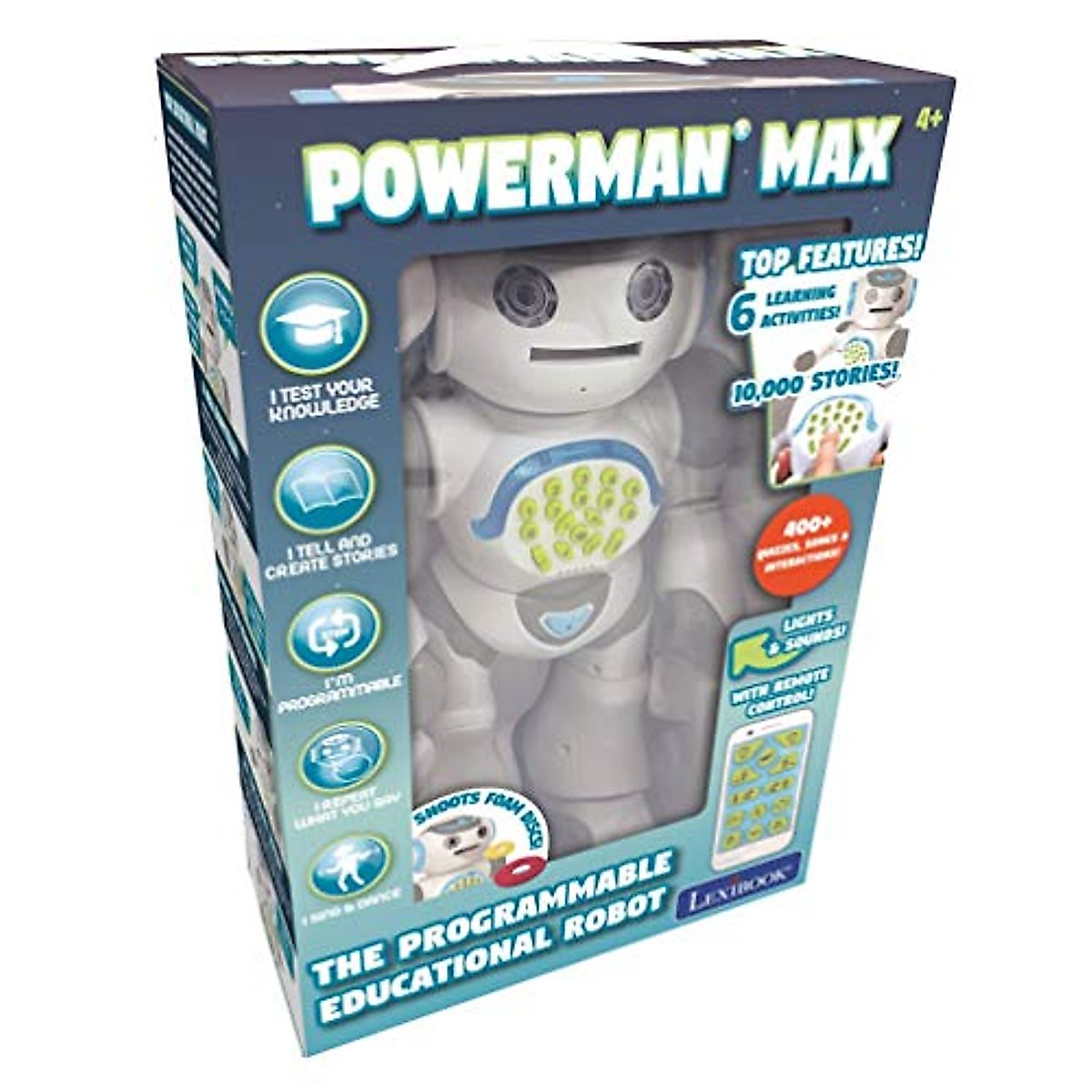 LEXiBOOK Powerman Max - Remote Control Walking Talking Toy Robot STEM Programmable Dances Sings Telling 10,000 Stories 300+ Learning Quiz Shooting Discs and Voice Repeat for Kids 4+ - ROB80EN, White