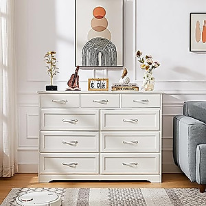 Royard Oaktree 9 Drawers Dresser, Wood Grain Chest of Drawers with Antique Metal Handles, Modern Closet Storage Organizer Bar Cabinet for Bedroom Living Room, Dining Room, Hallway, White