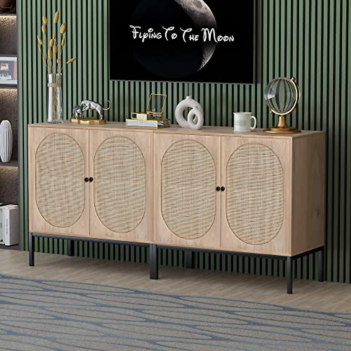 Sideboard Storage Cabinet with Handmade Natural Rattan Doors, Accent Cabinet Rattan Cabinet Buffet Cabinet with Storage, for Living Room, Dining Room, Entryway, Kitchen, Nature