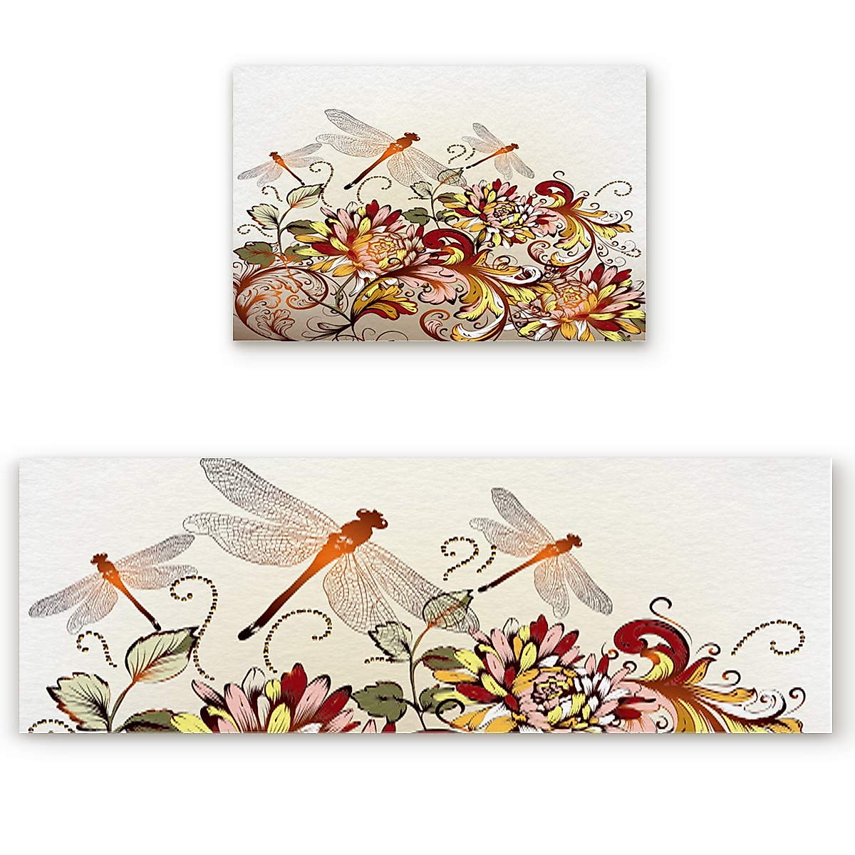 Teamery Kitchen Mat 2PCS, Dragonfly Flowers Kitchen Rugs for Kitchen Organization, Home Decor Anti-Fatigue Kitchen Floor Mats Non-Slip Kitchen Decor Runner Rug, Room Decor Standing Desk Mats