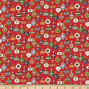 Andover Makower Metallic Santa Express Baubles Red, Fabric by the Yard