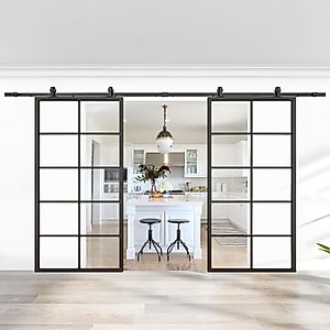 JUBEST Double Barn Door 84 x 84 in with 14FT Hardware Kit, 2 Sets of 42x84 in Clear Tempered Glass Aluminum Frame Barn Door,Pocket Interior Door, Easy Assembly，Black Top-Mounted Hardware