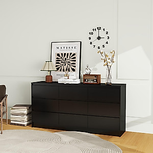 Modern 9 Drawer Wood Dresser for Bedroom, Large Floor Storage Drawer Cabinet Lateral Chest of Drawers Handle Free Organizer for Closet Living Room (Black, 9 Drawer)