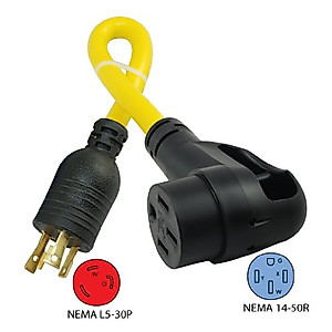 Conntek 15873 1.5-Feet, 30-Amp RV Generator Adapter for Model L5-30P Locking Plug to RV 50-Amp Ergo Grip Connector with Power Indicator