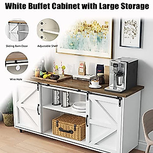 Catrimown White Sideboard Buffet Cabinet 58” Sideboard and Buffet with Storage Sliding Barn Door Kitchen Buffet Storage Cabinet Farmhouse Coffee Bar Cabinet Credenza for Living Room Entryway, White