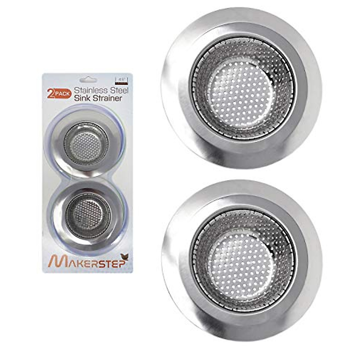 Makerstep 2 Pack of Stainless Steel Sink Drain Strainer Baskets 4.5 Inch Diameter. Kitchen Stopper. for Dishes, Garbage Disposal, Large Wide Rim Prevents Clogged Drains Catcher. Fine Mesh.